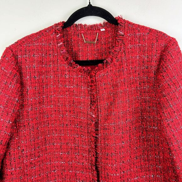 Chico's | Jackets & Coats | Chicos Fringe Tweed Jacket Blazer Red ...